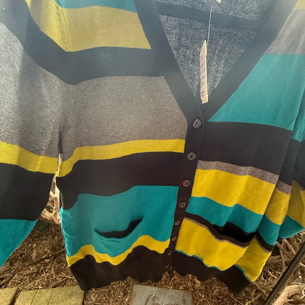 CJ Banks | Sweaters | Cj Banks Gray Teal Yellow Black Striped Vneck ...
